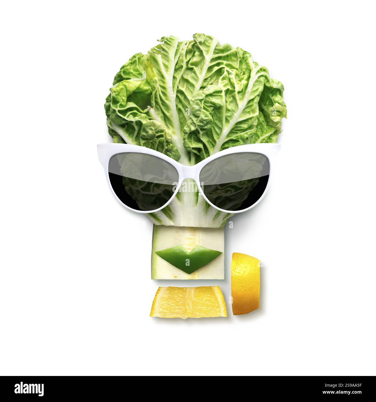 Quirky food concept of cubist style female face in sunglasses made of ...
