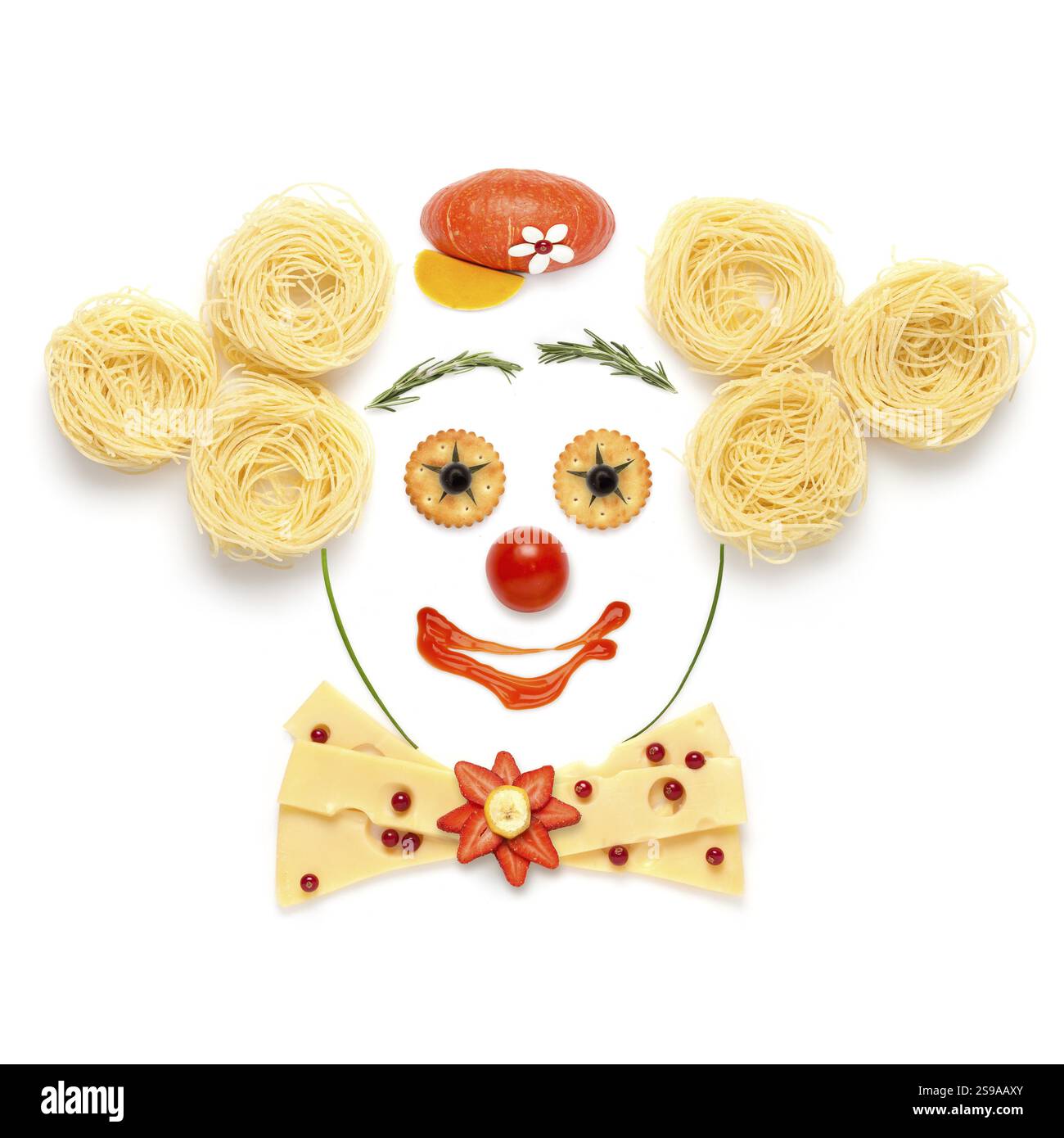 A portrait of a cheerful clown made of cheese and pasta Stock Photo - Alamy