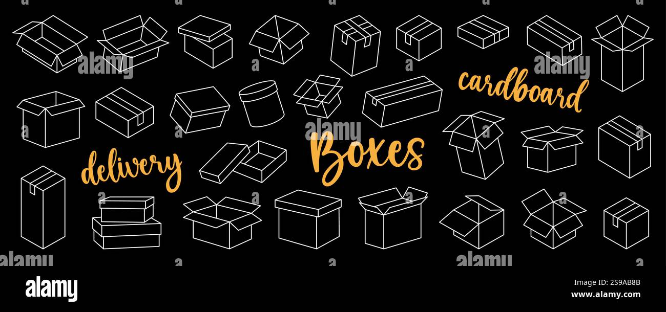 Delivery boxes outline set. Carton delivery packaging boxes. Vector ...