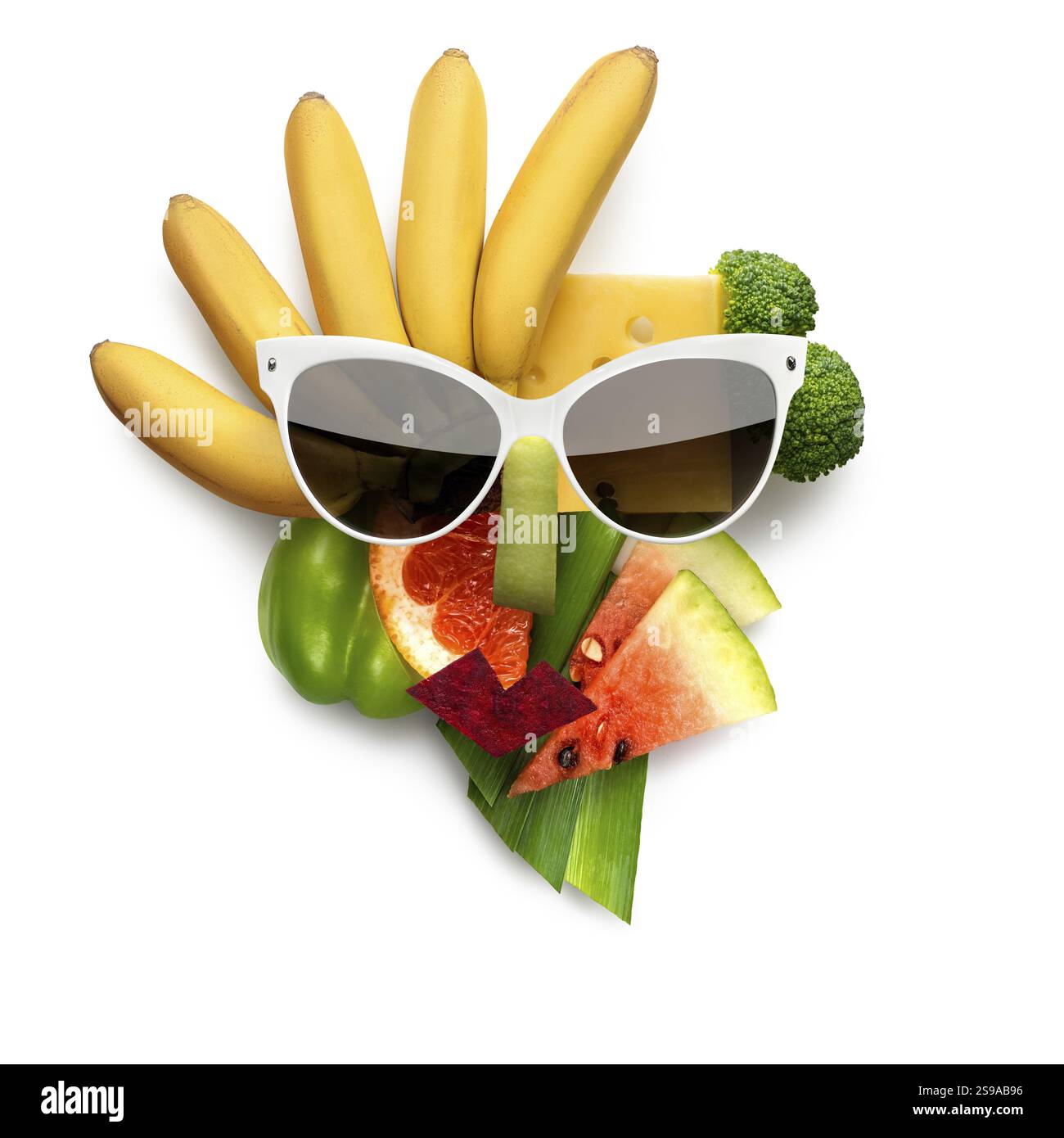 Quirky food concept of cubist style female face in sunglasses made of ...