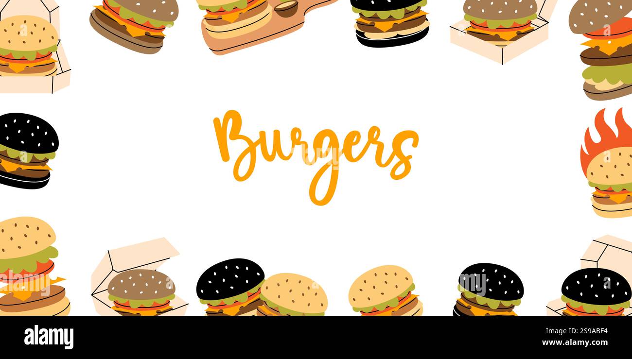 Burger in horizontal banner. Tasty fast food. Beef burger, hamburger ...