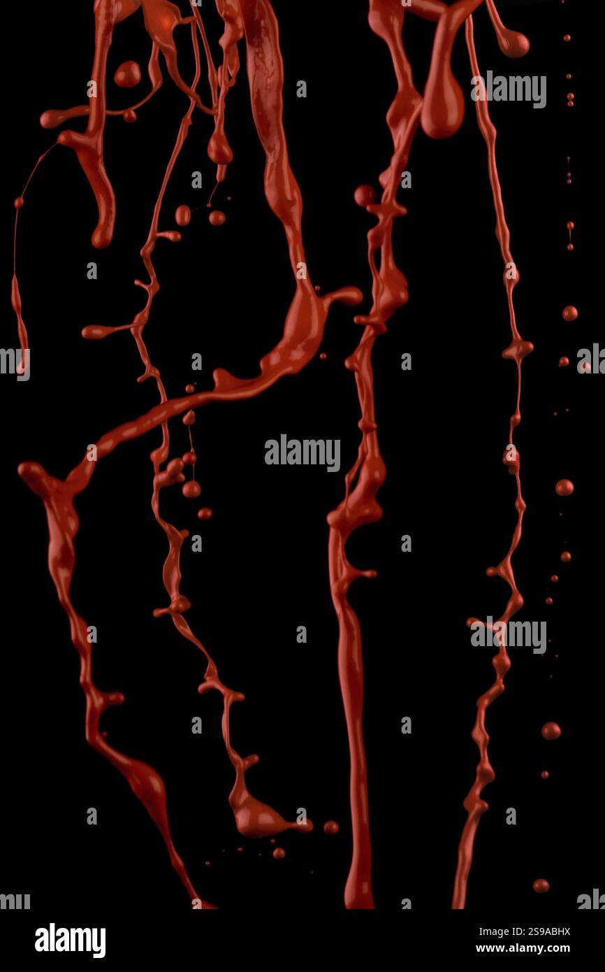 Blood flowing down in streams and drops, isolated against a black ...