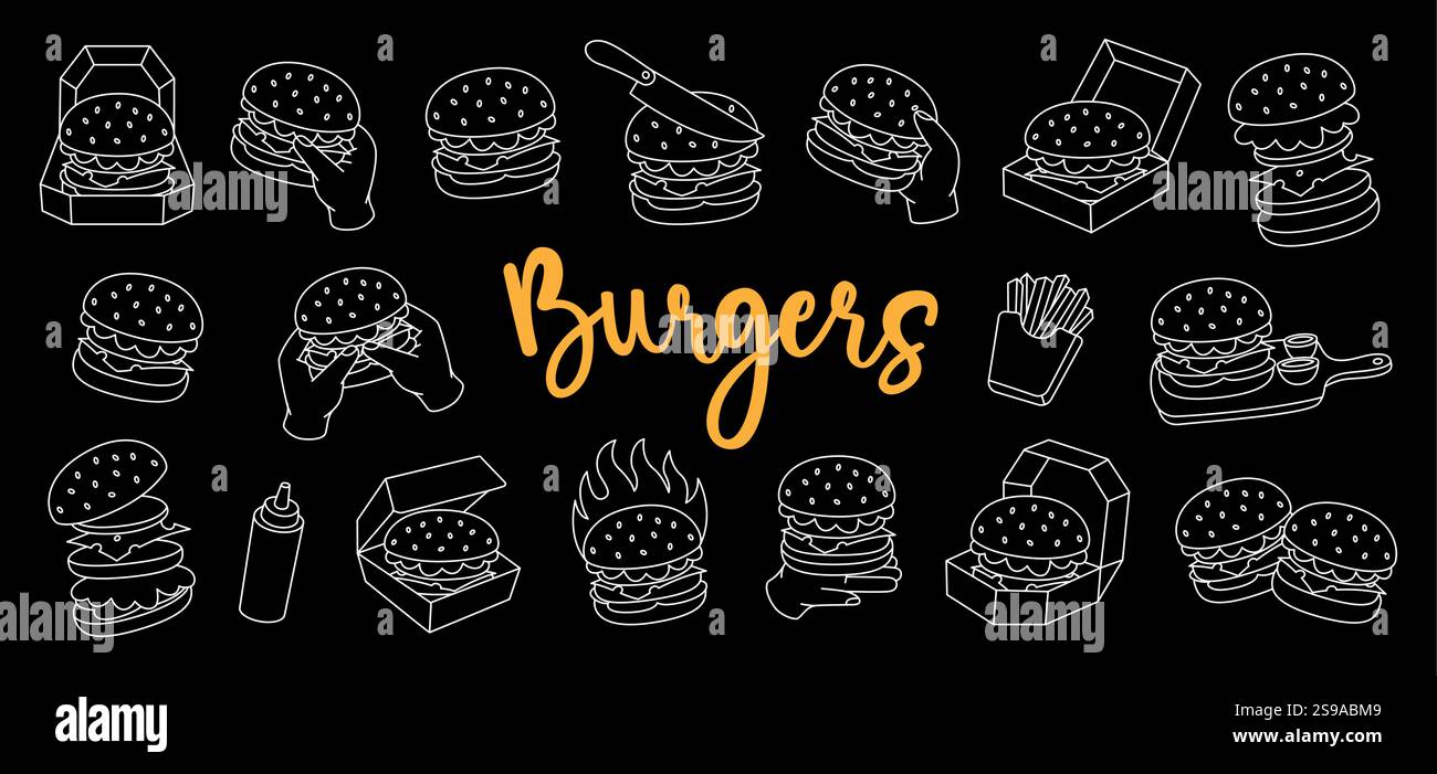 Burger outline set. Beef burger, hamburger, veggie burger, cheeseburger ...