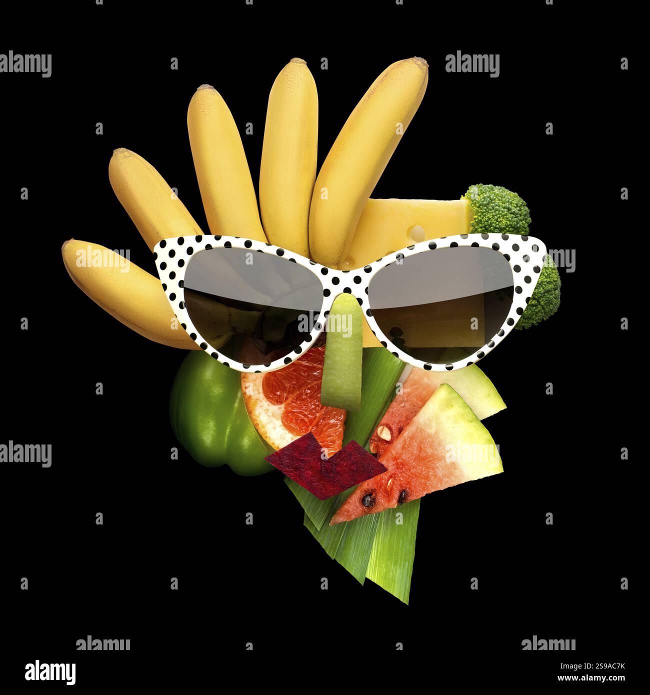Quirky food concept of cubist style female face in sunglasses made of ...