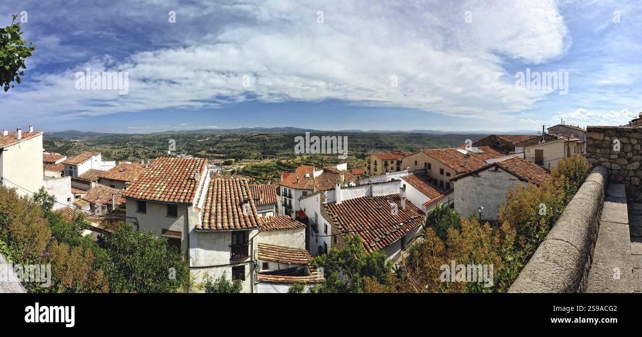Rural landscape of a small Spanish town with a view of the mountains ...