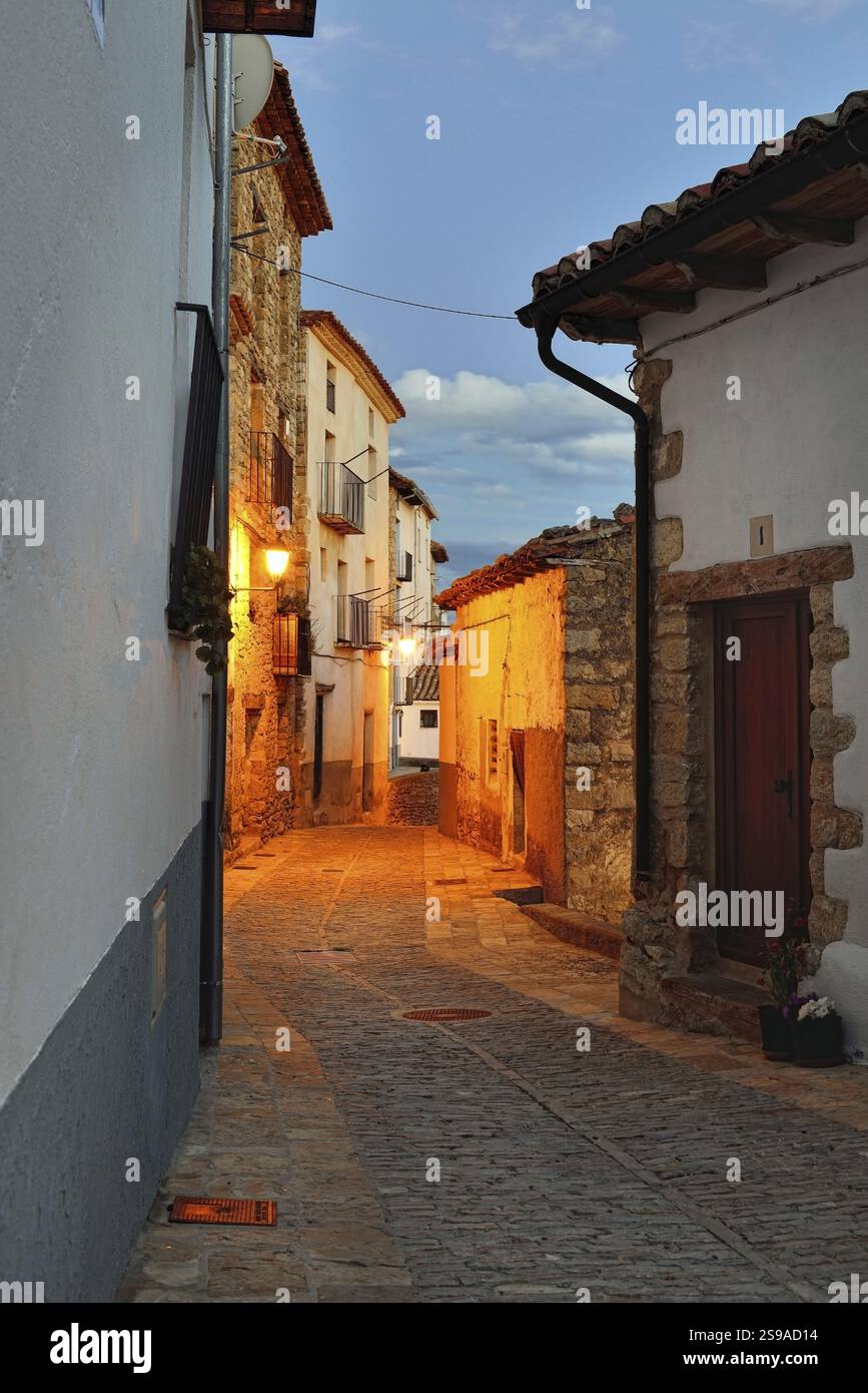 Streets of the old town centre of Ares in Spain. Evening time. Darkness ...