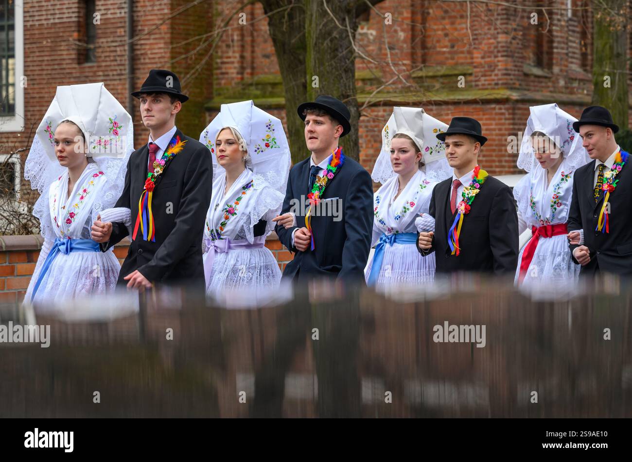 25 January 2025, Brandenburg, Werben: Couples in traditional Wendish ...