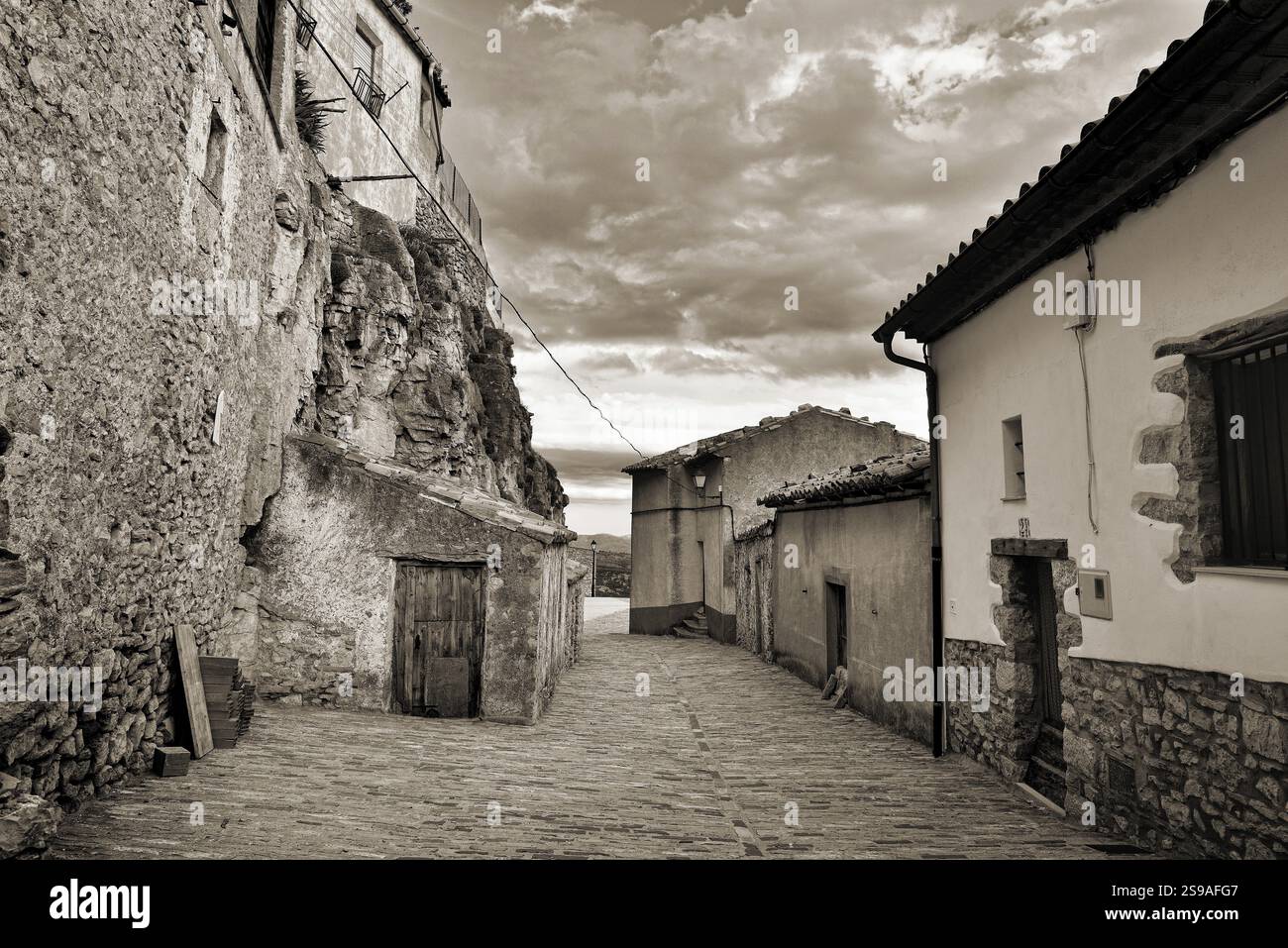 Landscape with old town of Ares in Spain. Streets of the small town ...