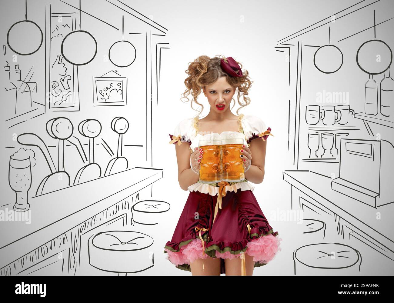 Young female Oktoberfest woman wearing a traditional Bavarian Dirndl ...