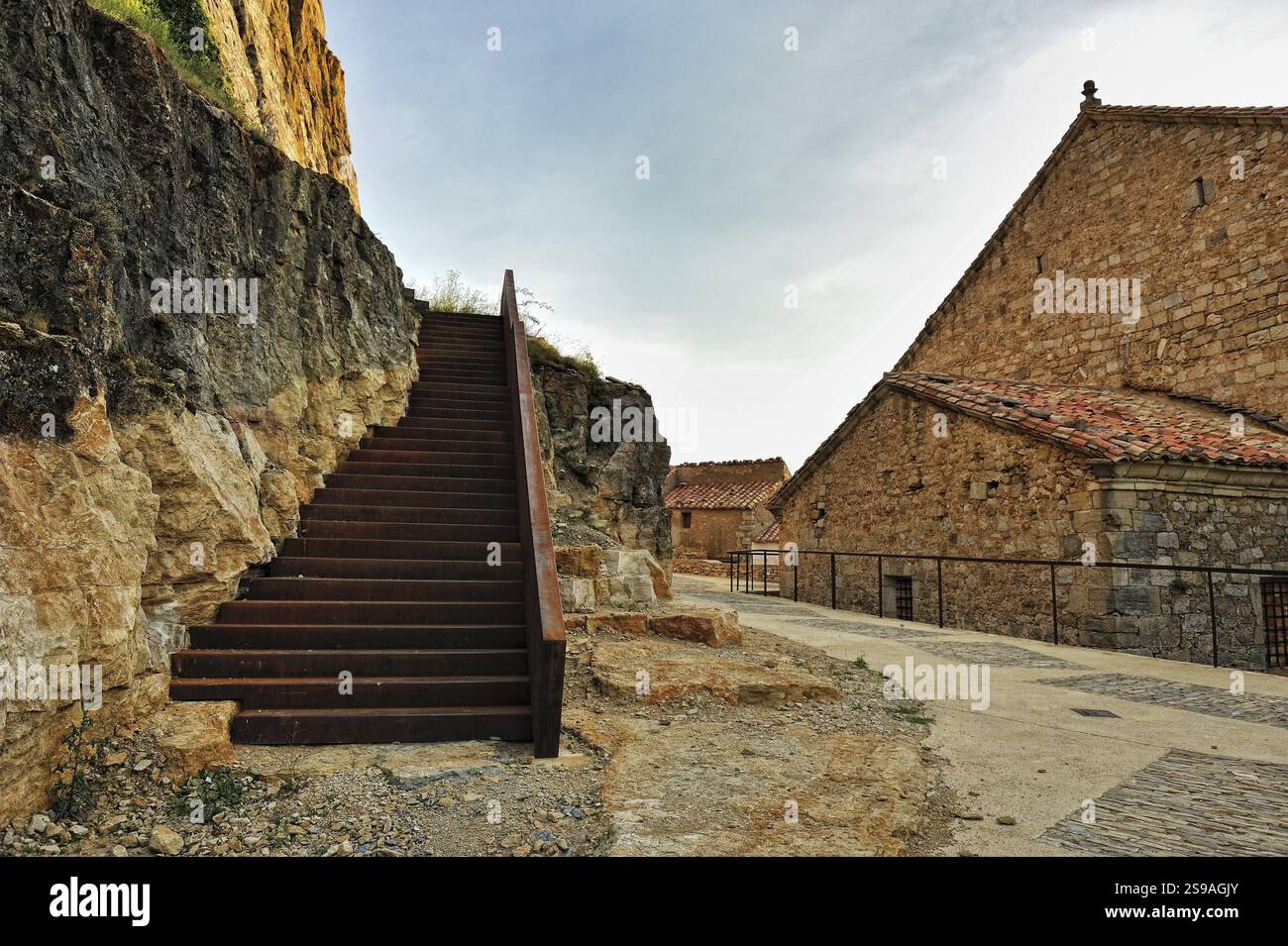 Landscape with the old Spanish town of Ares. Streets of the small town ...