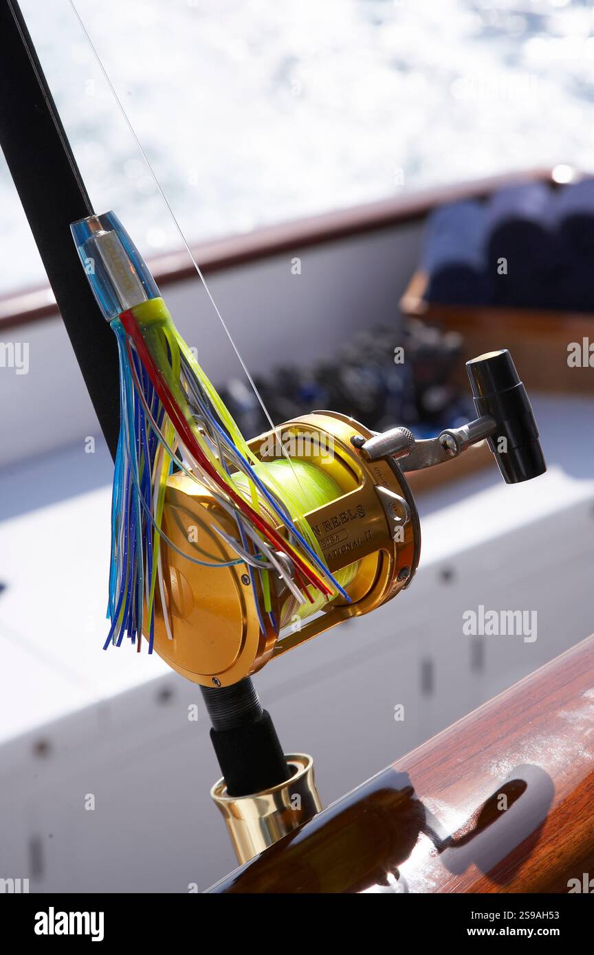 Golden Fishing Reel with Line and Lure on a Boat Deck Stock Photo - Alamy