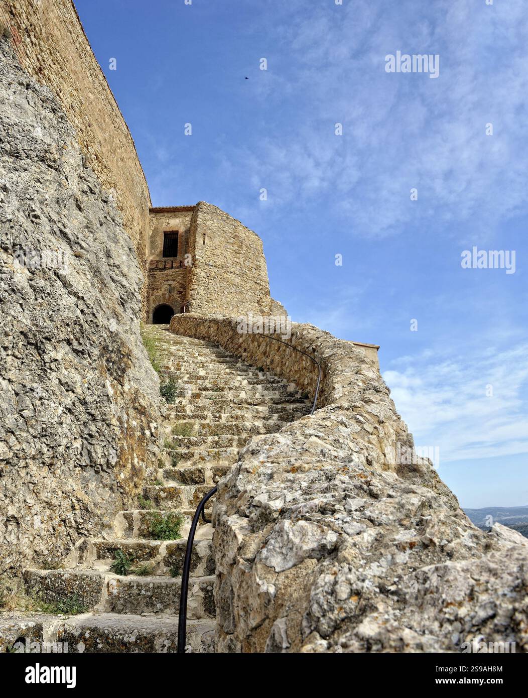 Old castle ruins in the town of Morella, Spain. View from below Stock ...