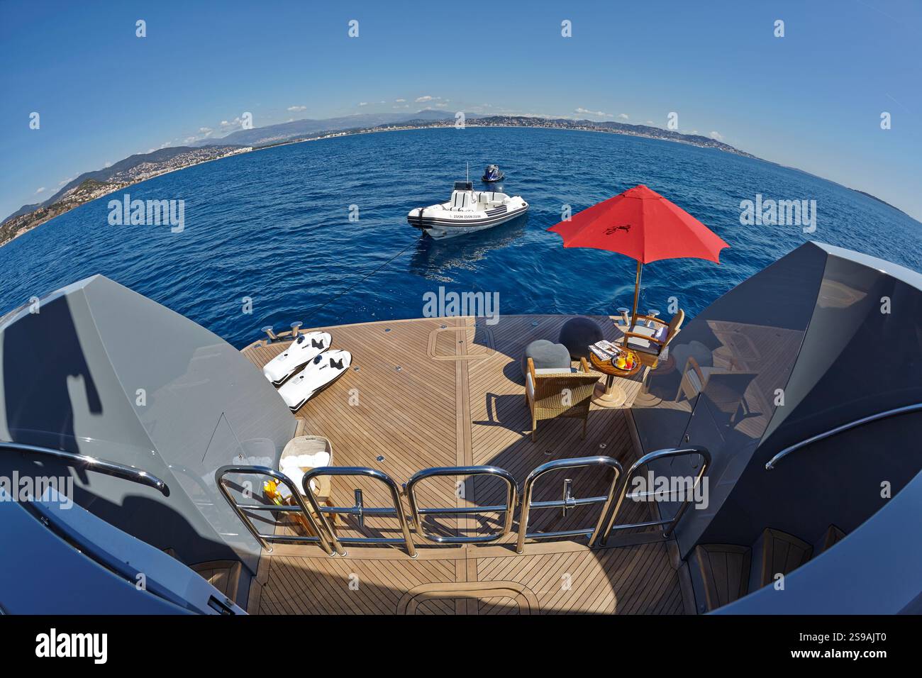 Luxury Yacht Swimming Deck With Scenic Ocean View and Relaxation Setup ...