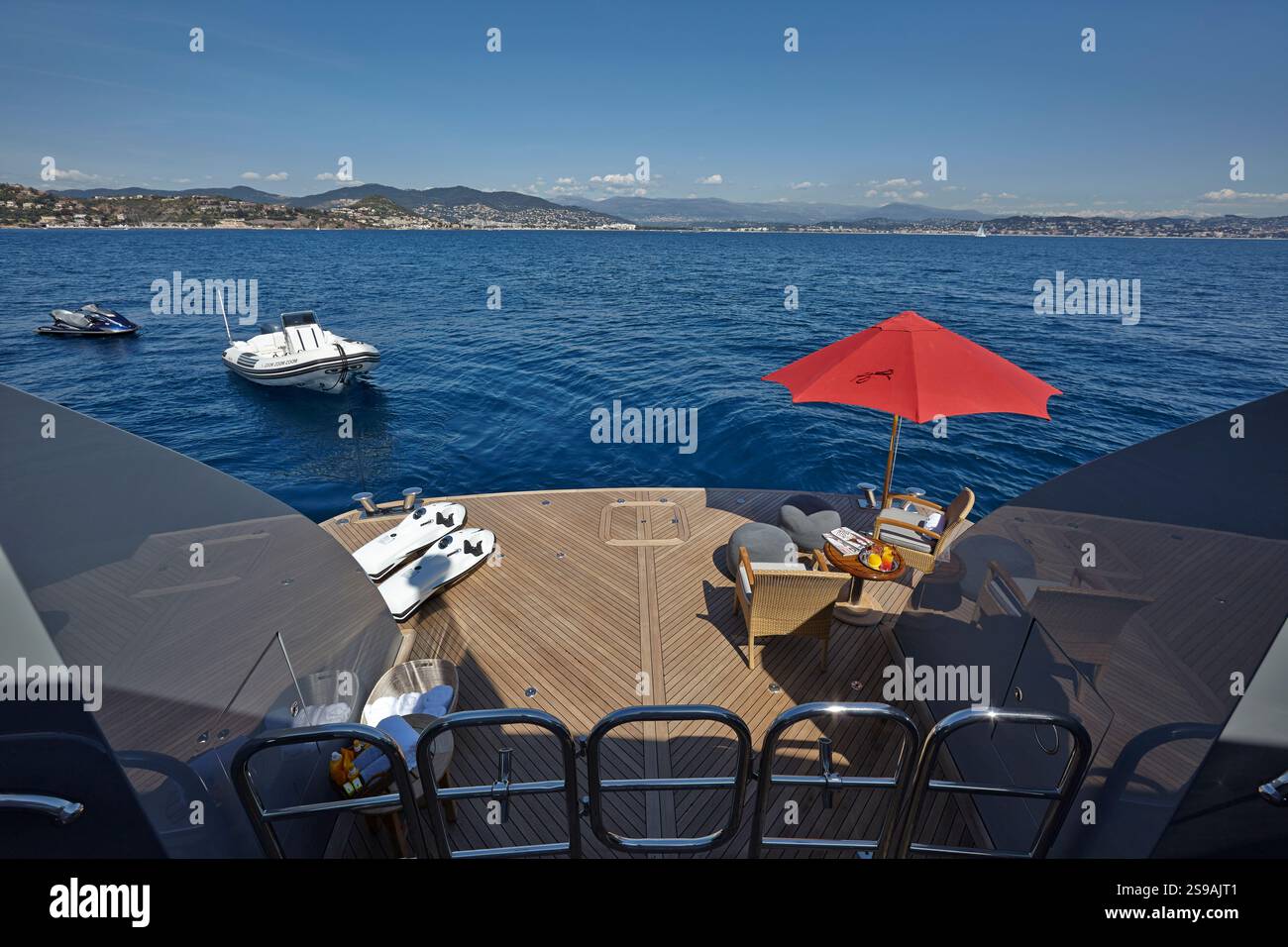 Luxury Yacht Swimming Deck With Scenic Ocean View and Relaxation Setup ...