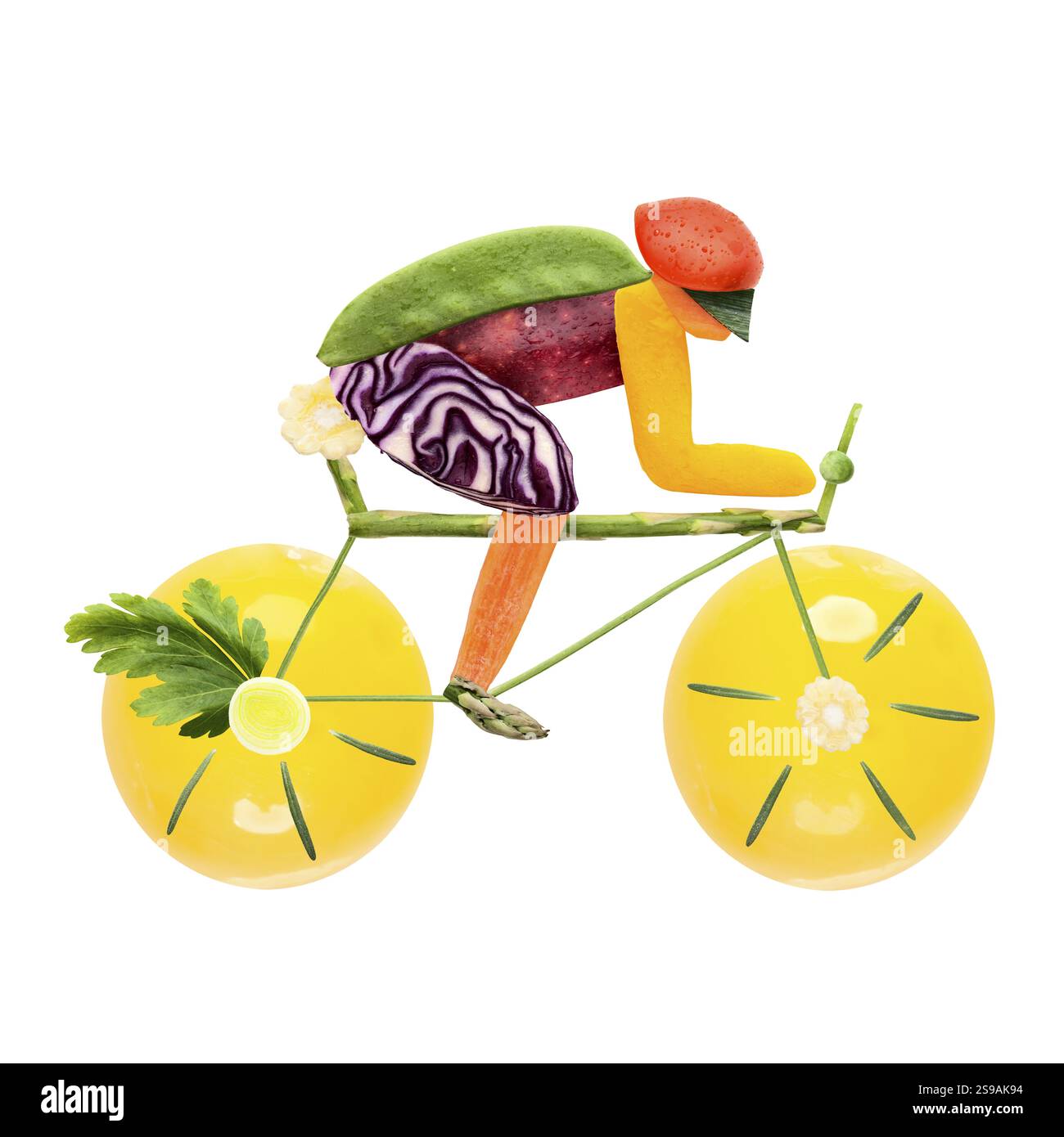 Fruit and vegetables in the shape of a male cyclist on a racing bike ...