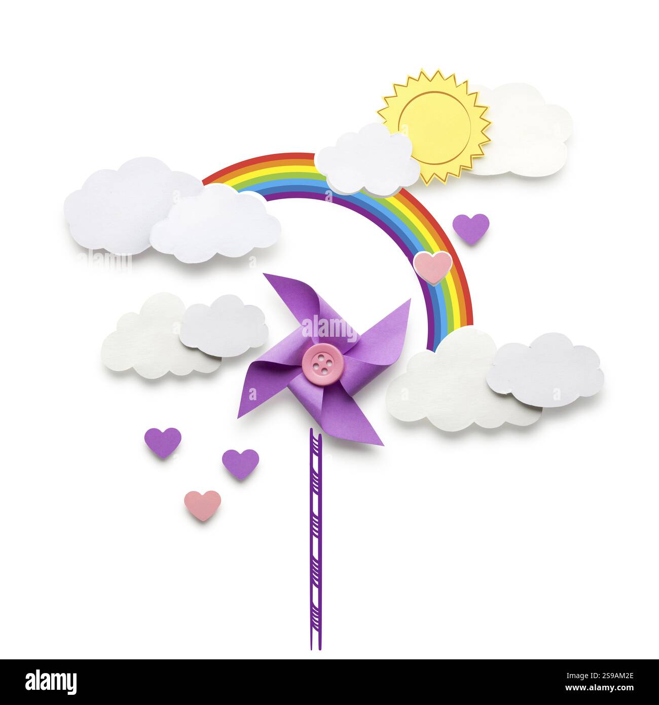 Creative valentines concept photo of a windmill toy clouds and hearts ...