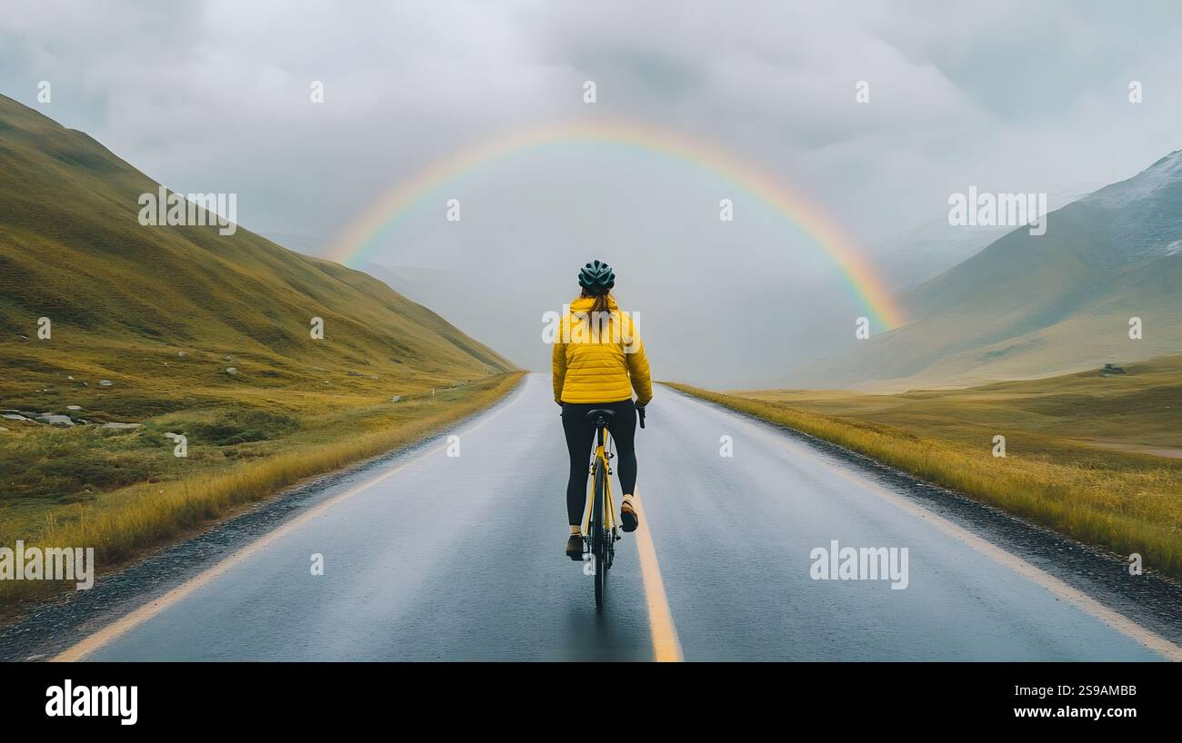 Cyclist on a winding road,riding towards a distant rainbow in the ...