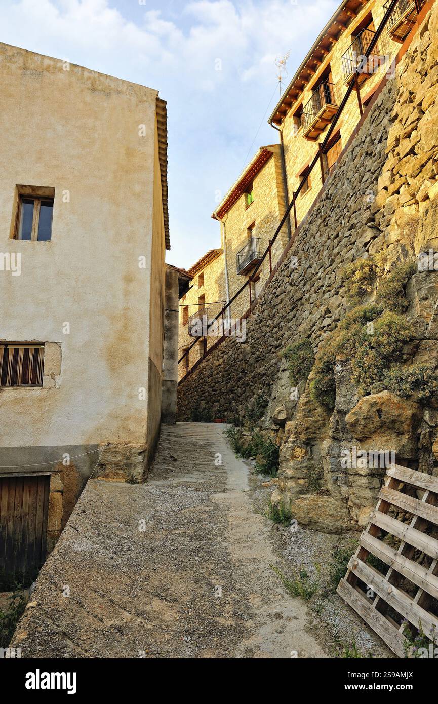 Landscape with the old Spanish town of Ares. Streets of the small town ...
