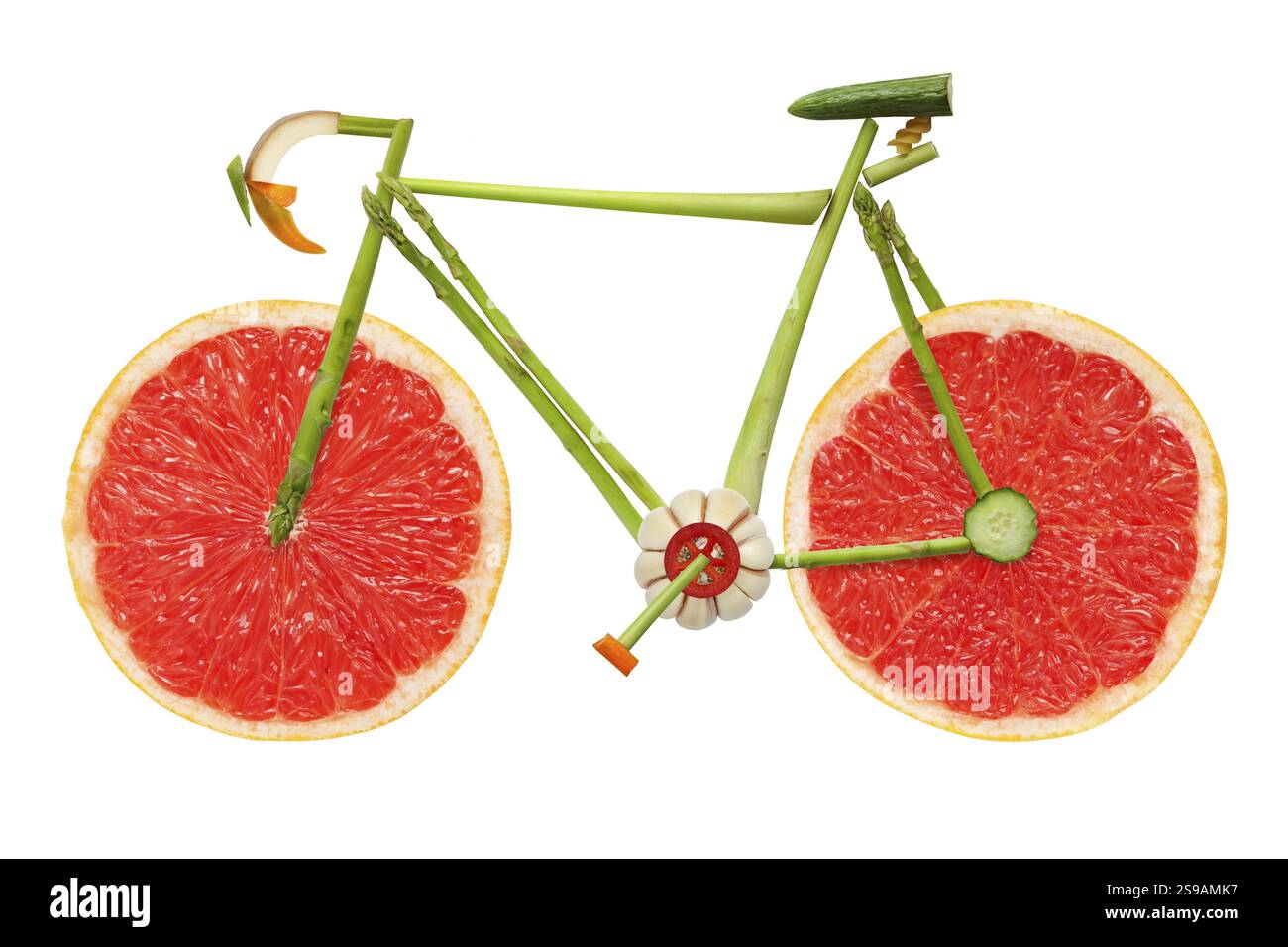 Racing bike made of fruit and vegetables on a white background Stock ...