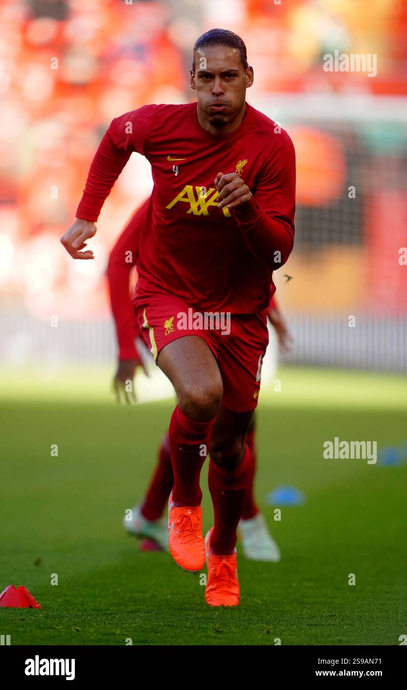 Liverpool's Virgil van Dijk warms up before the Premier League match at ...