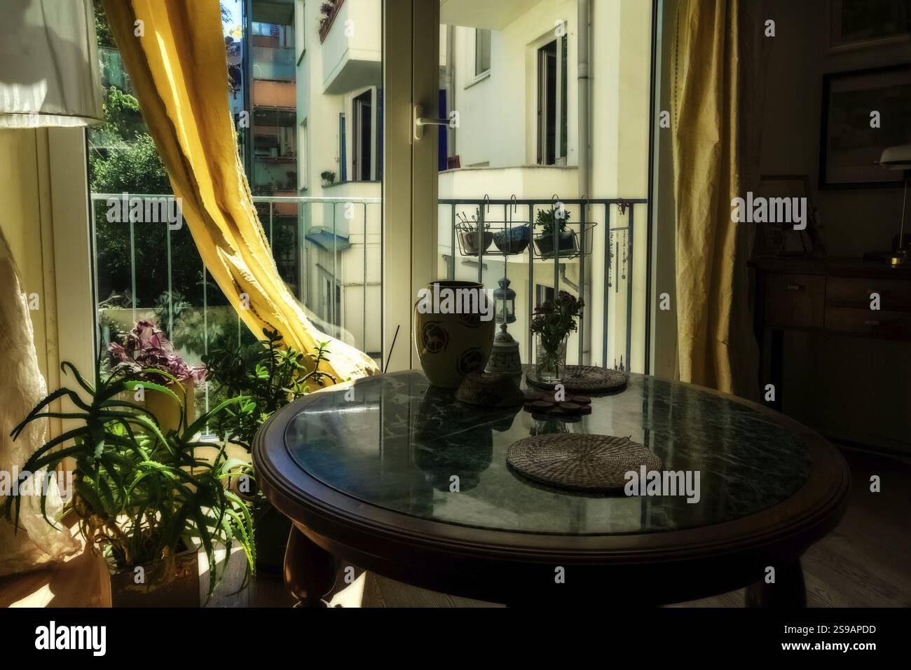 Romantic coffee table, two cups of coffee on a marble table in the ...