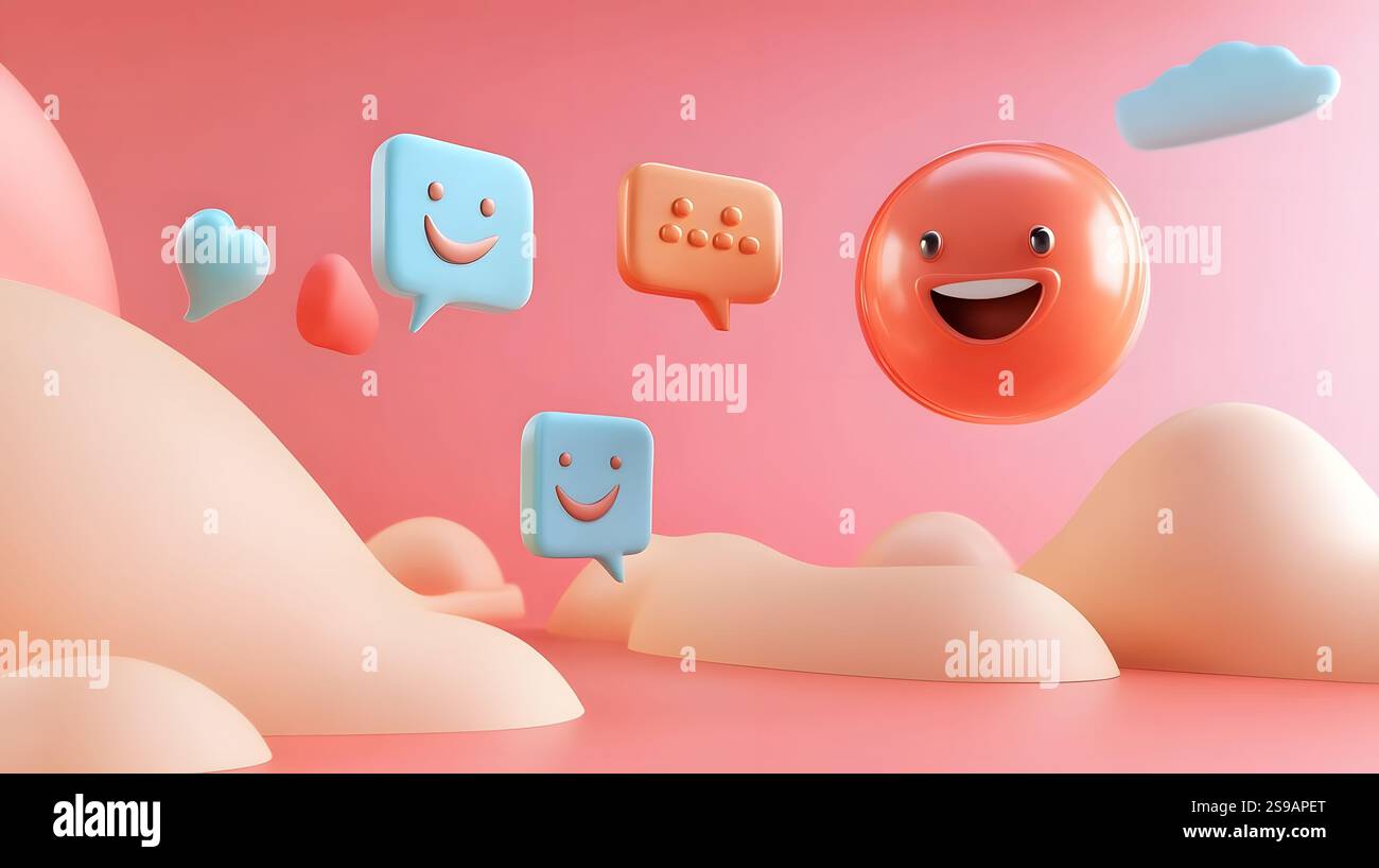 Colorful emojis and chat bubbles floating on a vibrant pink gradient ...