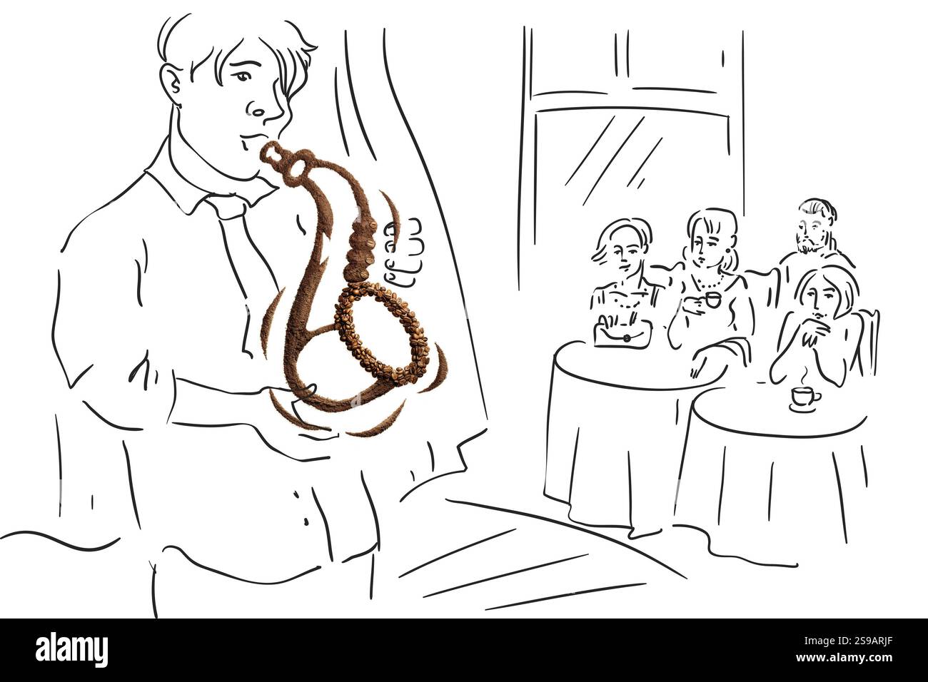 Creative still life of a musical instrument saxophone made from coffee ...