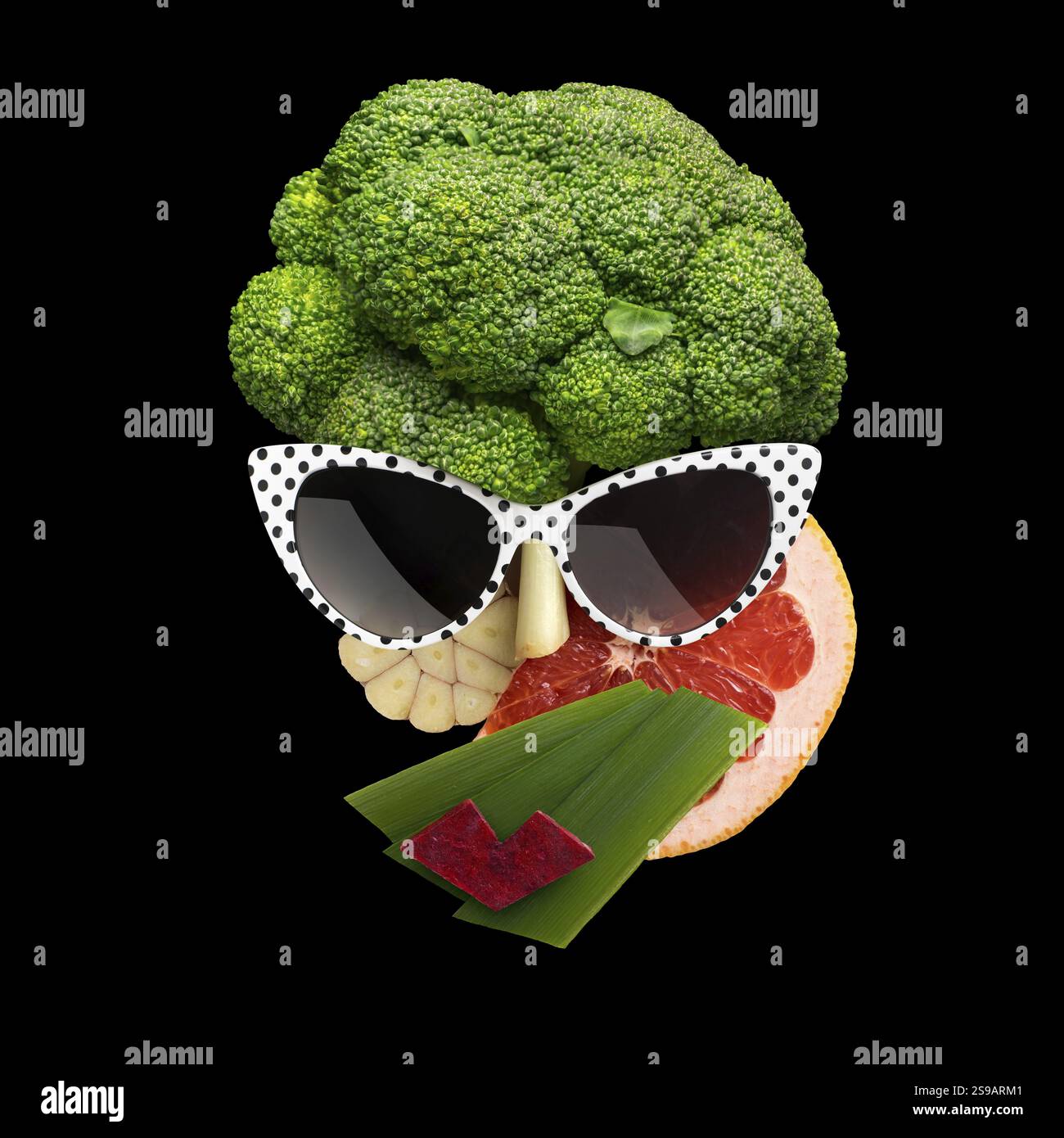 Quirky food concept of cubist style female face in sunglasses made of ...