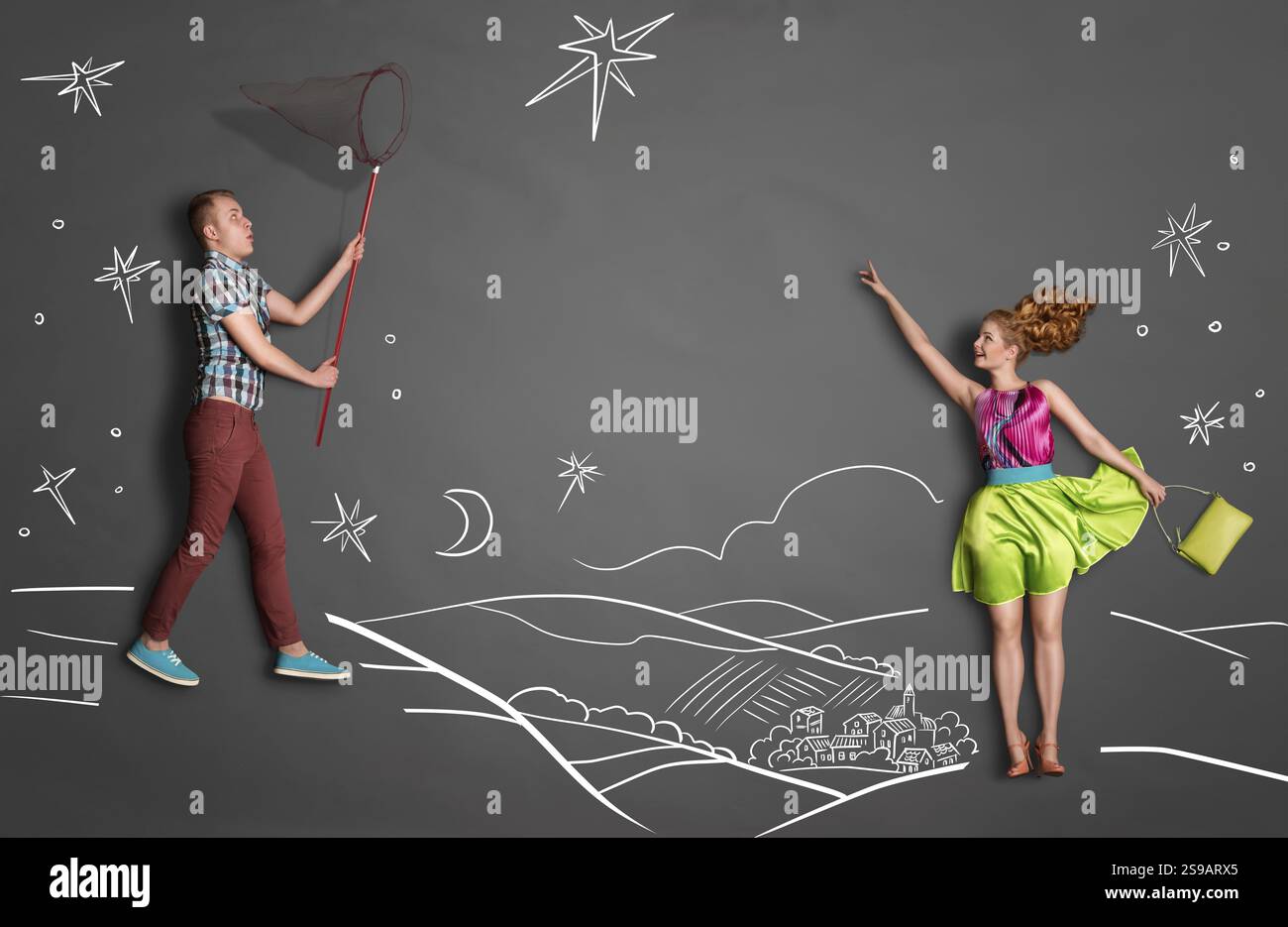 Happy valentines love story concept of a romantic couple catching stars ...