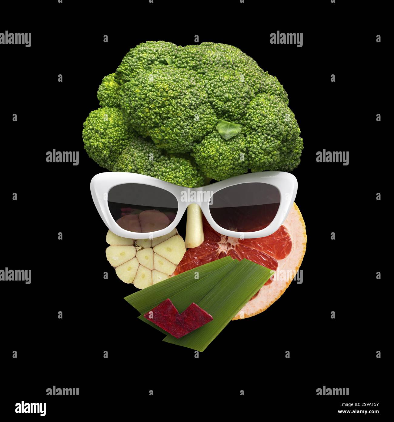 Quirky food concept of cubist style female face in sunglasses made of ...