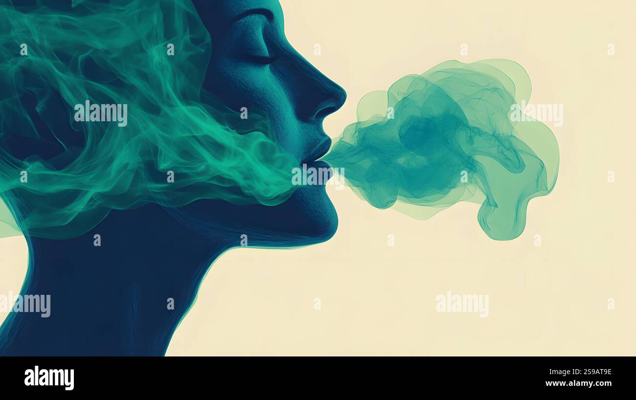 Digital of a human silhouette breathing in clean,purified air with ...