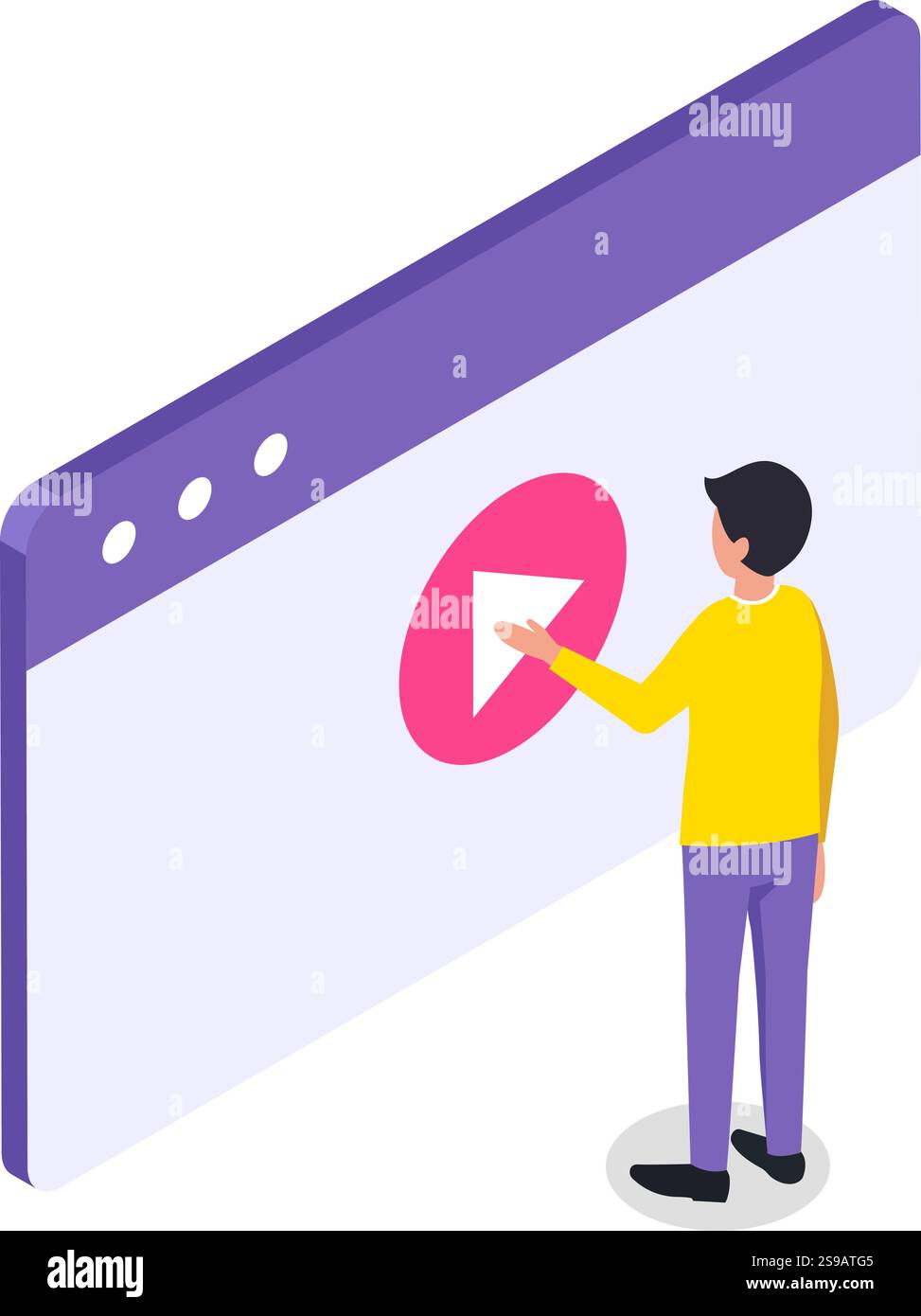 Isometric illustration depicting a man interacting with a play button ...