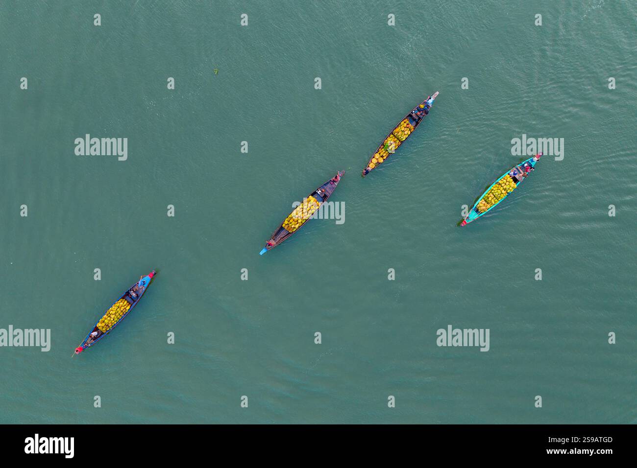 Aerial view of floating market of seasonal fruits on the boats in ...