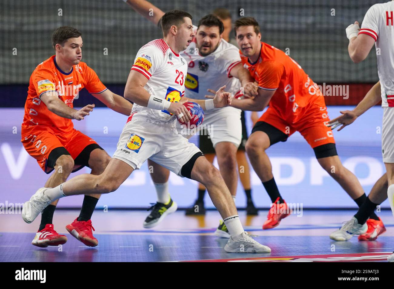 VARAZDIN, CROATIA - JANUARY 25: Nemanja Belos of Austria during the IHF Euro 2025 Men's Main ...