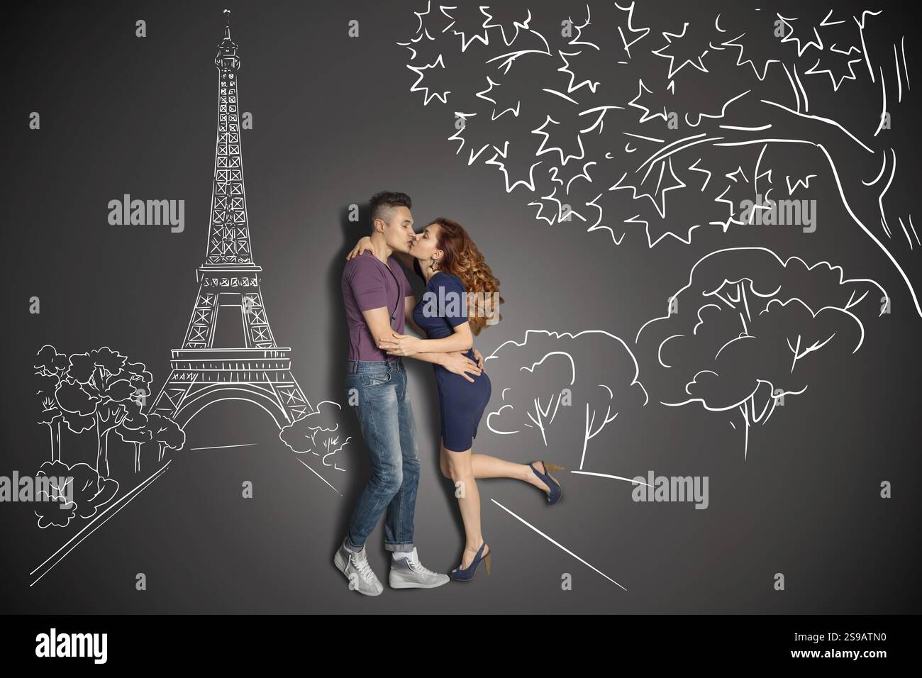 Happy valentines love story concept of a romantic couple in Paris ...