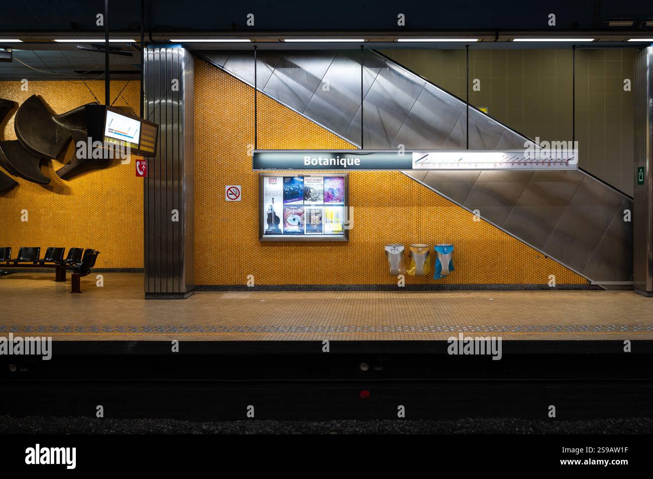 Platform and tracks of the MIVB STIB Botanique metro underground station, Brussels city center ...