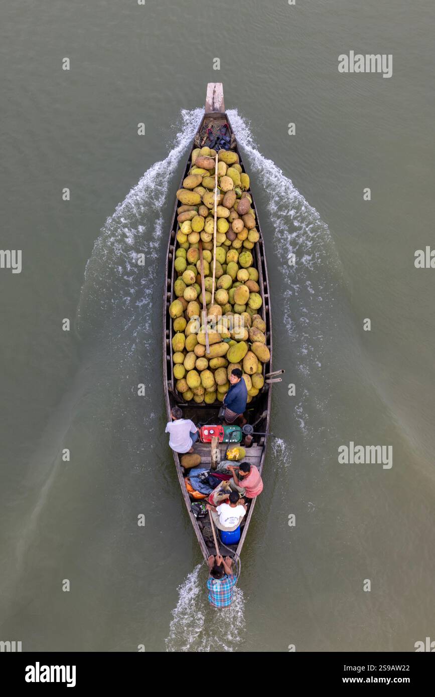 Aerial view of floating market of seasonal fruits on the boats in ...