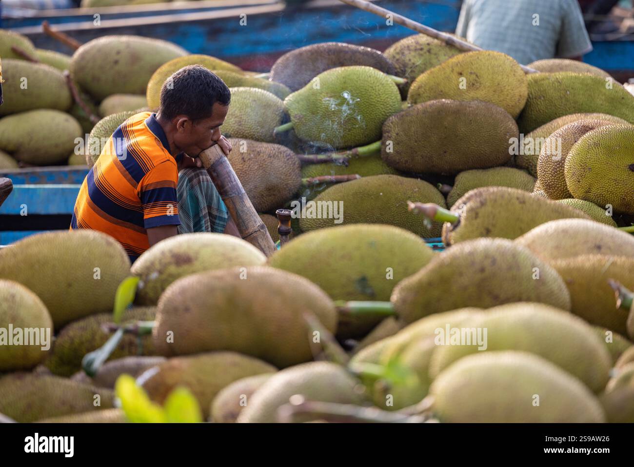 Aerial view of floating market of seasonal fruits on the boats in ...