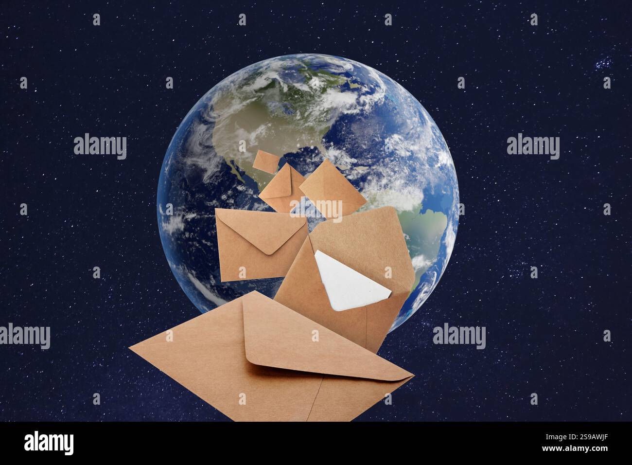 Envelopes with letters flying to globe in space. International mail ...