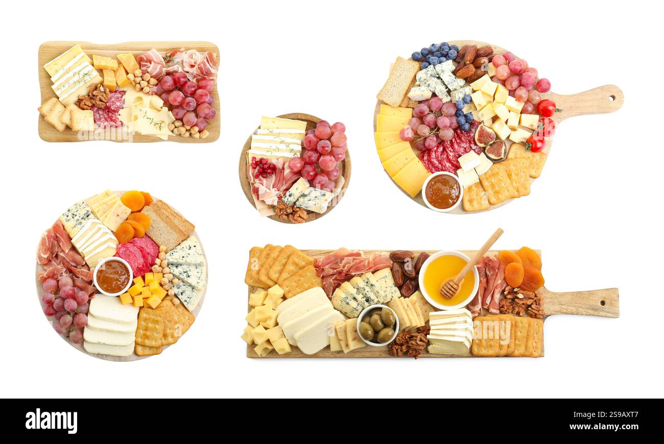 Different types of cut cheese and other snacks isolated on white ...