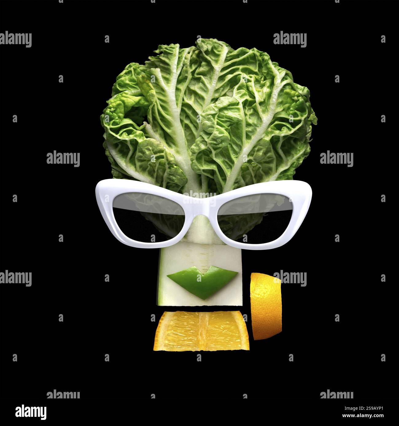 Quirky food concept of cubist style female face in sunglasses made of ...