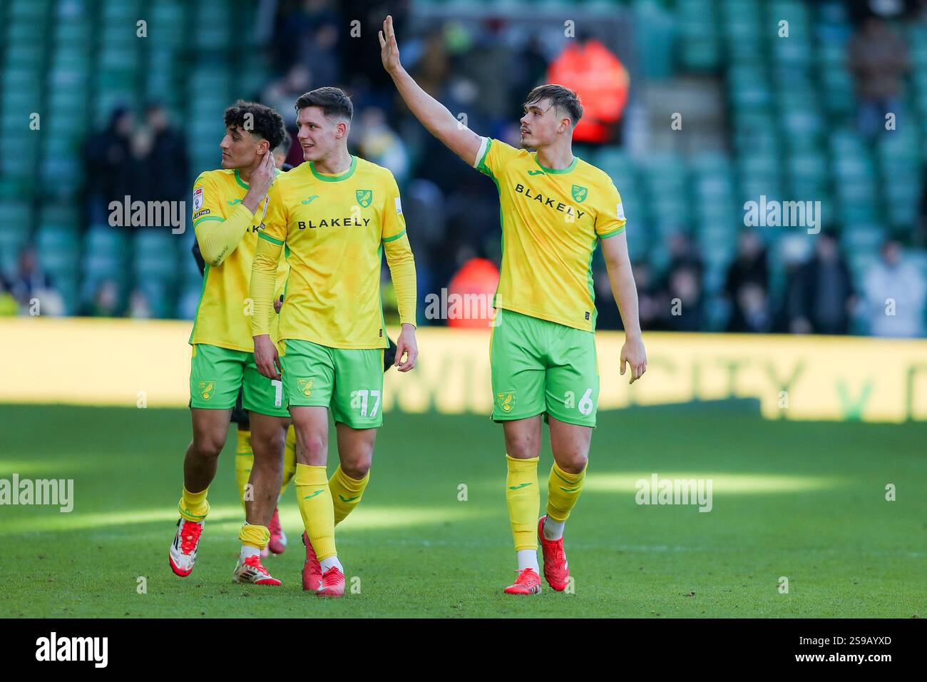 Callum Doyle of Norwich City acknowledges the fans after the teams ...