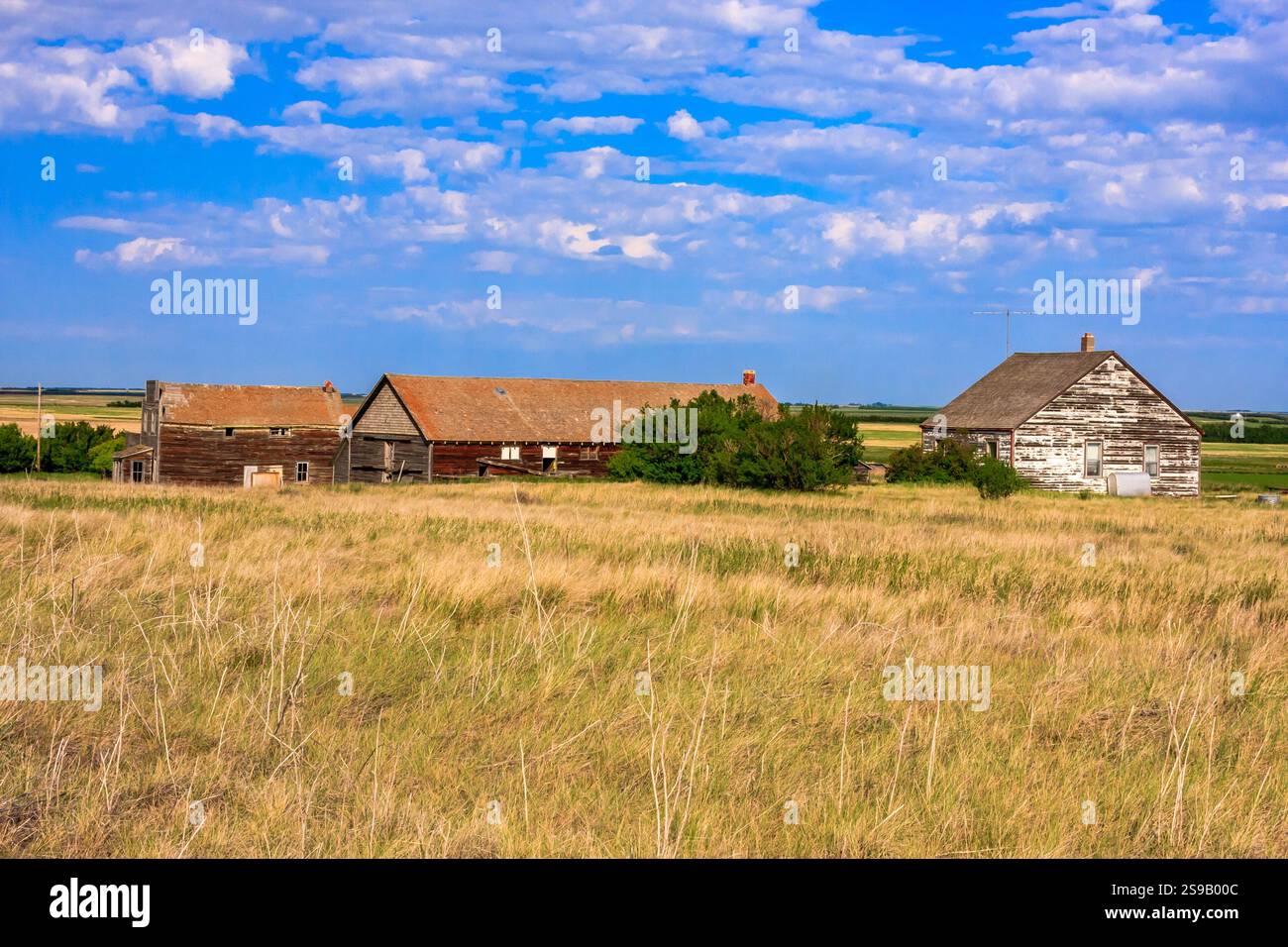 A peaceful countryside scene with a few old buildings and a large open ...