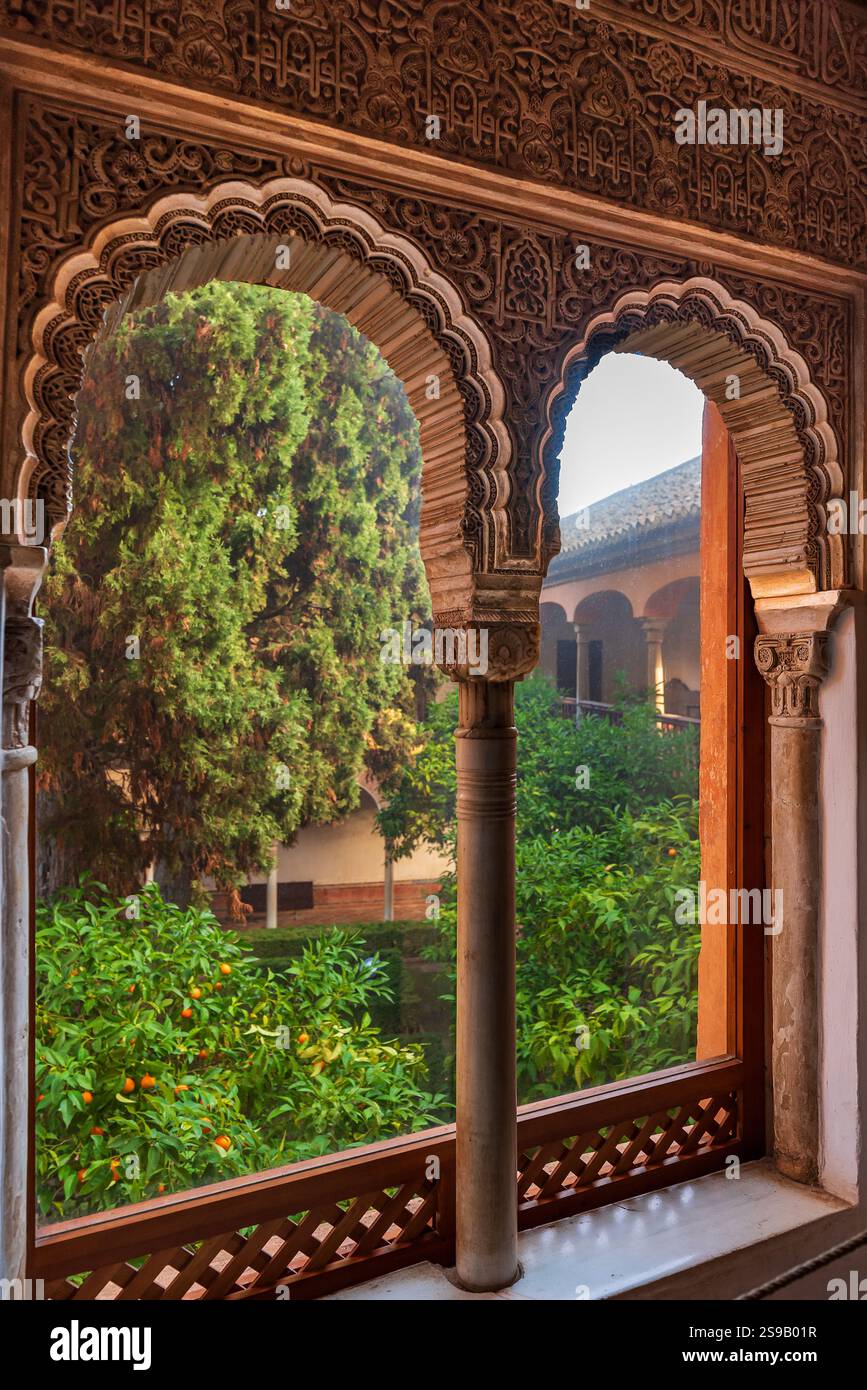 Window with Arabic decorations overlooking the Lindaraja courtyard, The ...