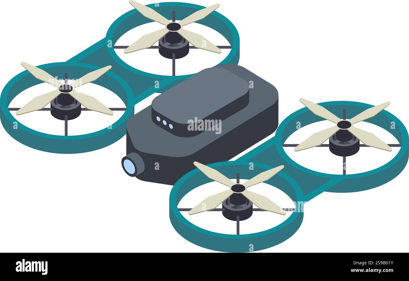 Modern drone equipped with a camera, flying through the sky while ...