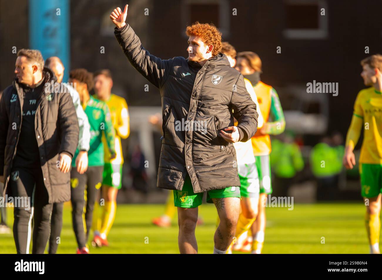 Josh Sargent of Norwich City interacts with the supporters after the ...