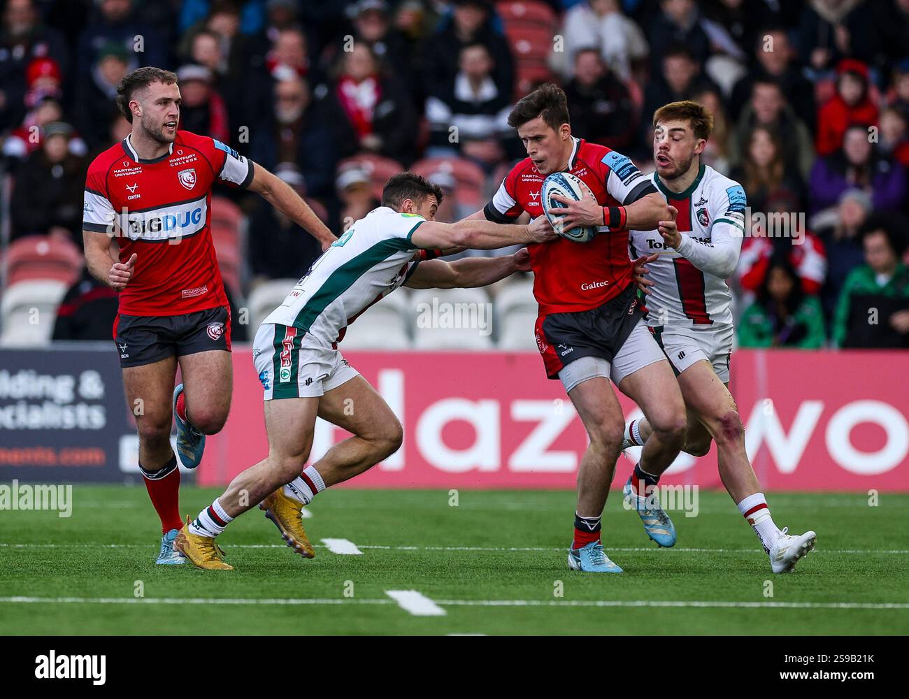 Gloucester's Seb Atkinson is tackled during the Gallagher Premiership ...