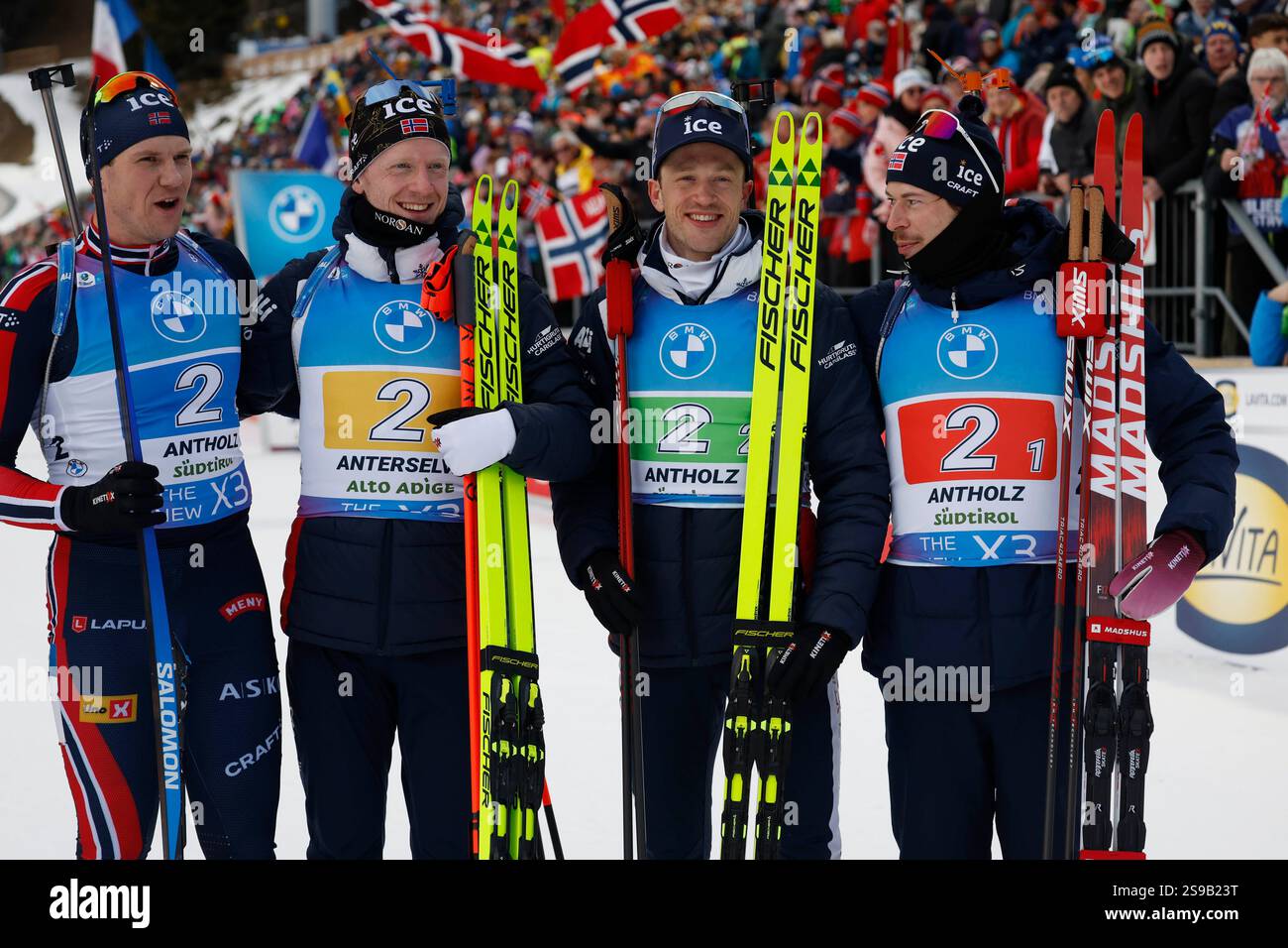 Norway's team celebrates their second place in the men's Biathlon World ...