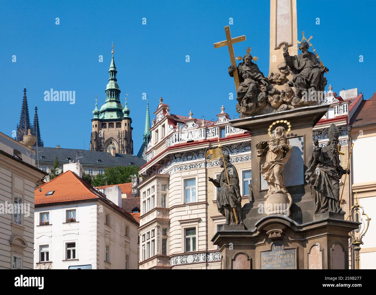 Prague - The baroque column of Holy Trinity and facade of St. Nichlas ...