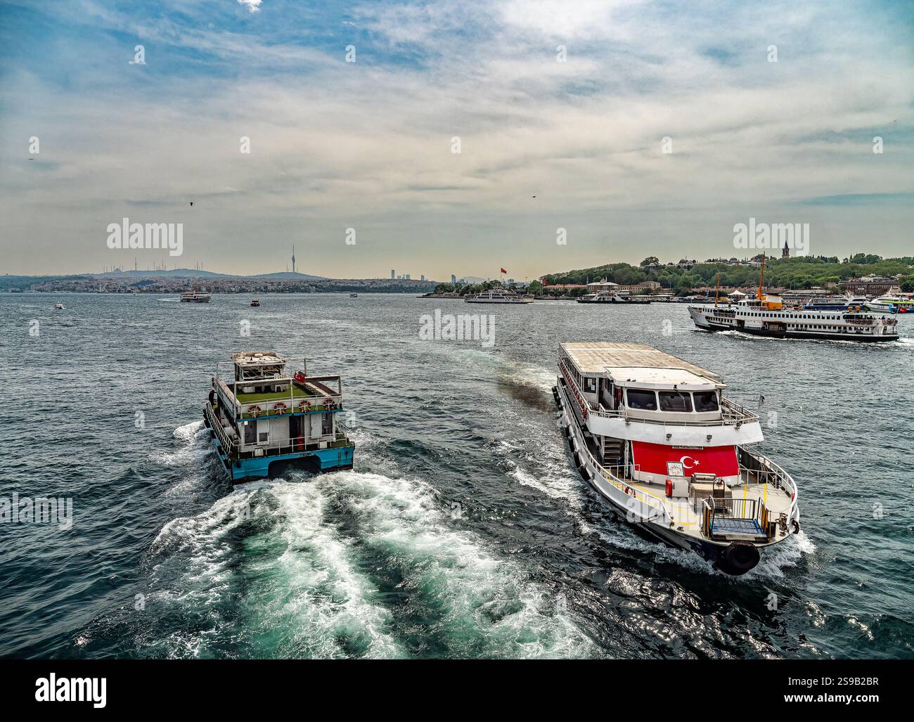 Boats traverse a vivid coastal waterway with a vibrant cityscape in the ...
